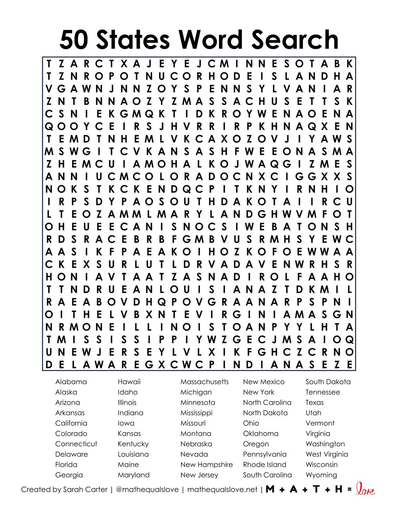 50 States Word Search Puzzle | Math = Love