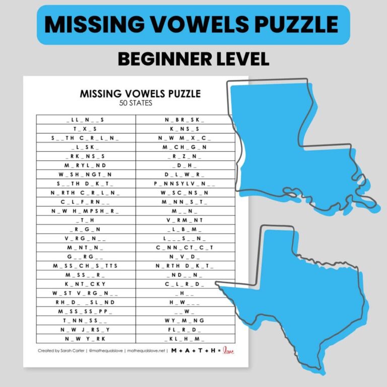50 States Missing Vowels Puzzle | Math = Love