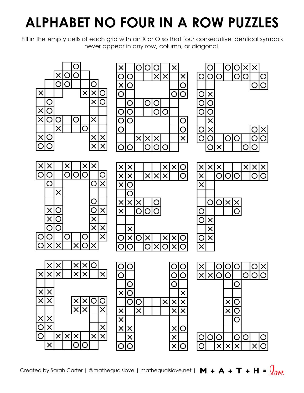 Alphabet A-Z No Four in a Row Puzzles | Math = Love
