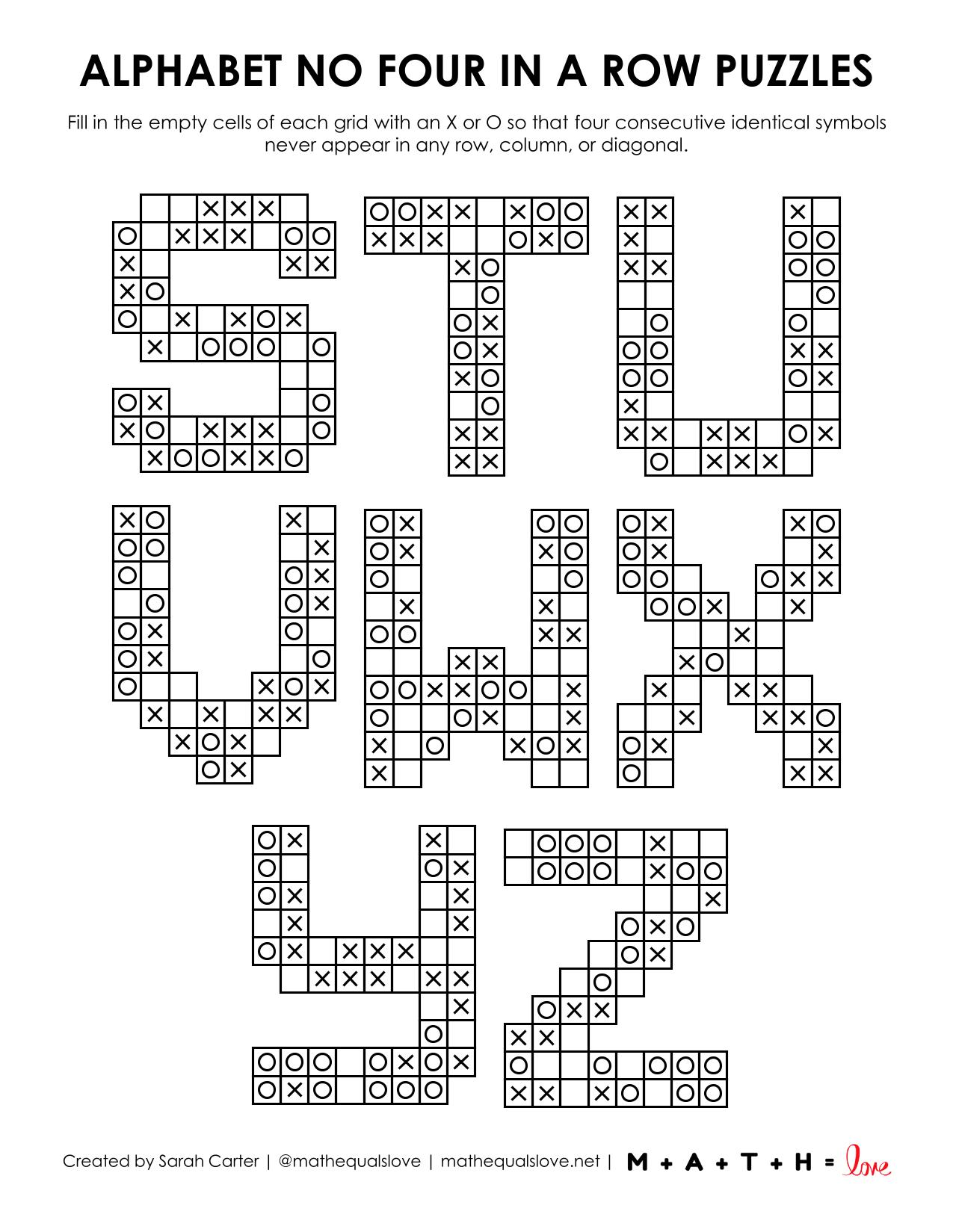 Alphabet A-Z No Four in a Row Puzzles | Math = Love