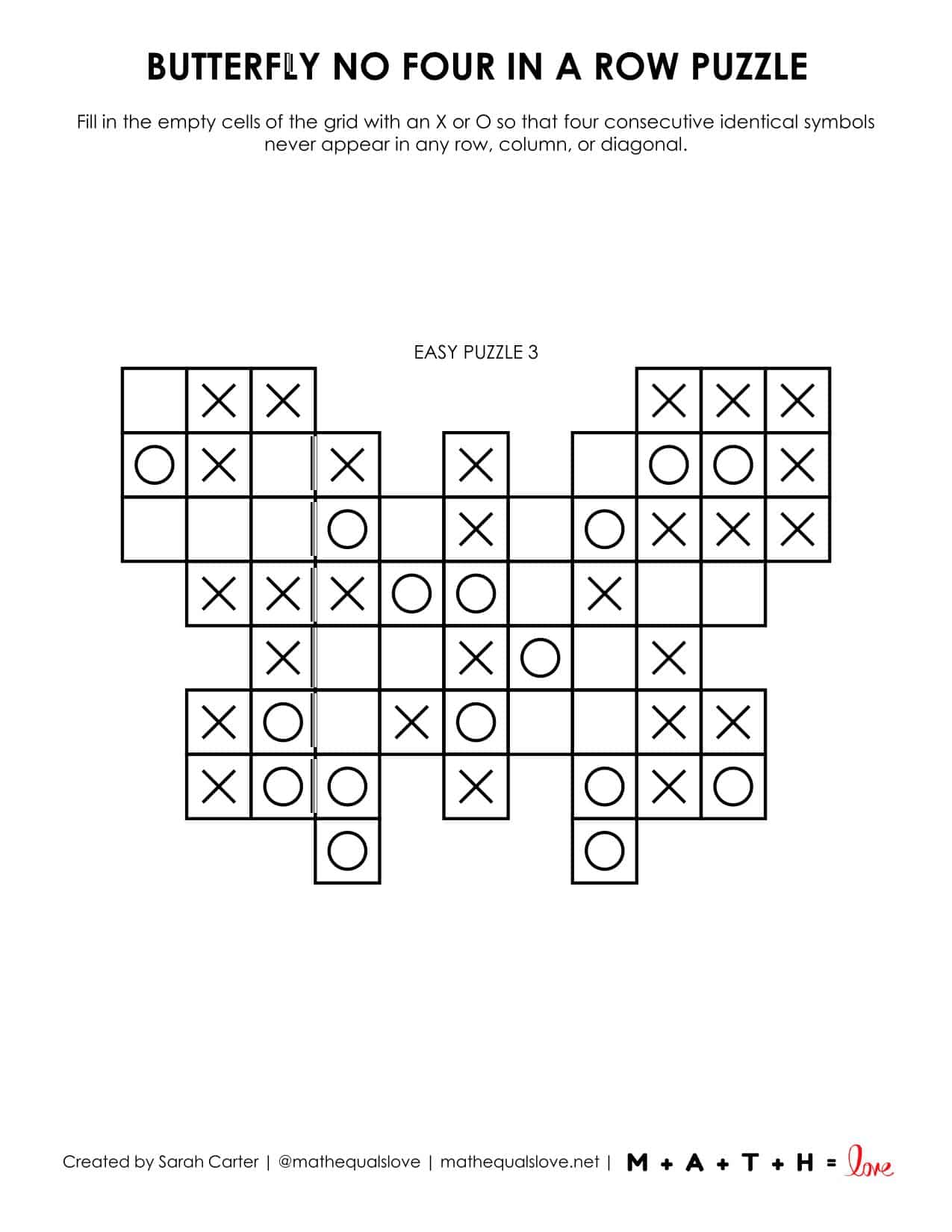 Butterfly No Four in a Row Puzzles | Math = Love