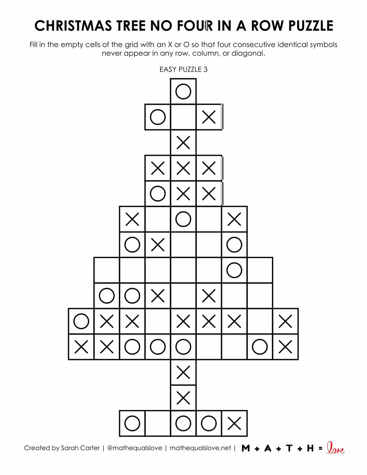 Christmas Tree No Four in a Row Puzzles | Math = Love