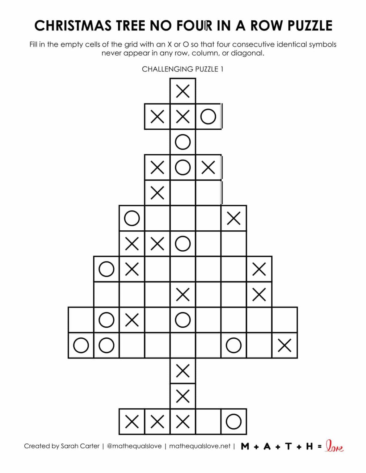 Christmas Tree No Four in a Row Puzzles | Math = Love