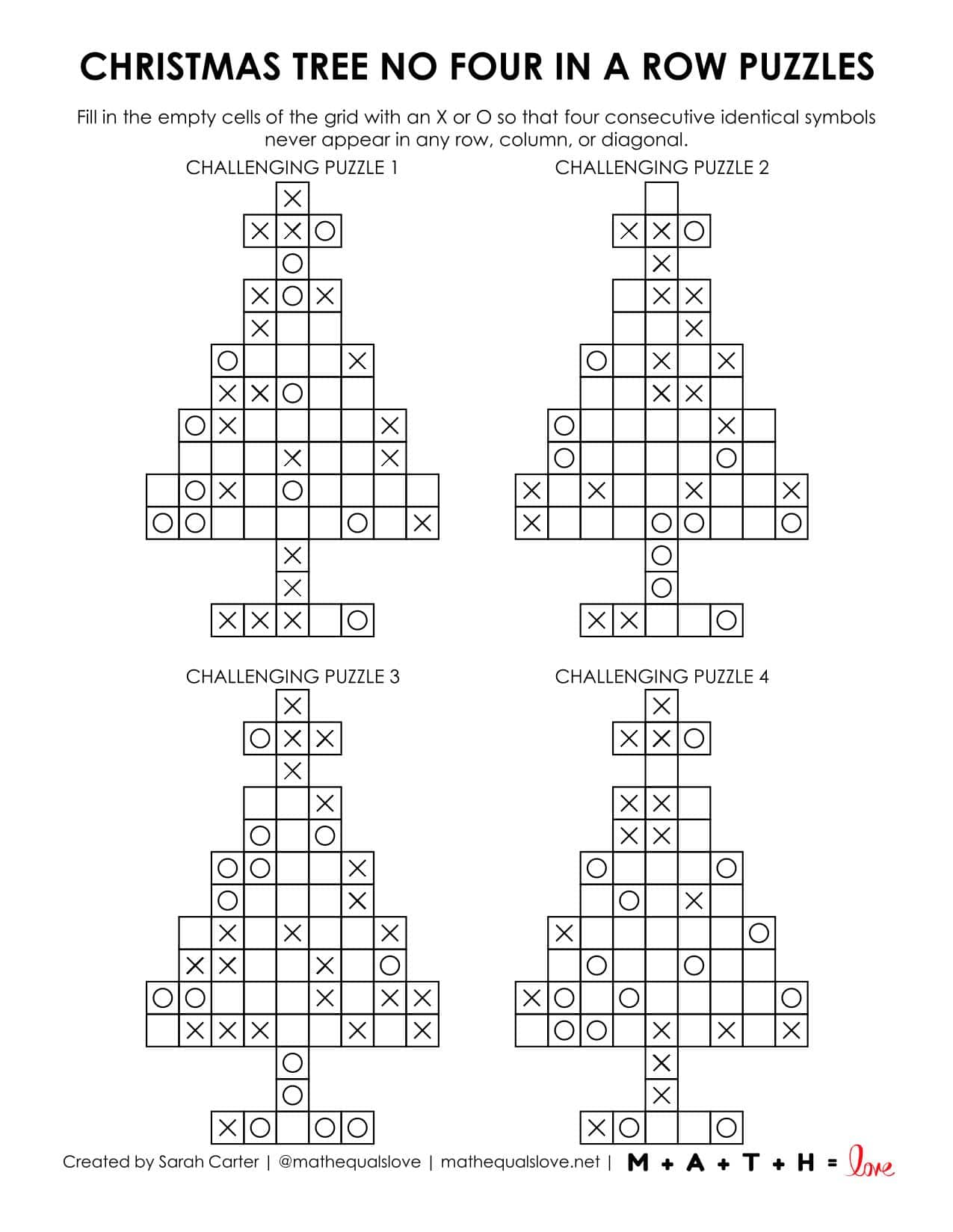 Christmas Tree No Four in a Row Puzzles | Math = Love