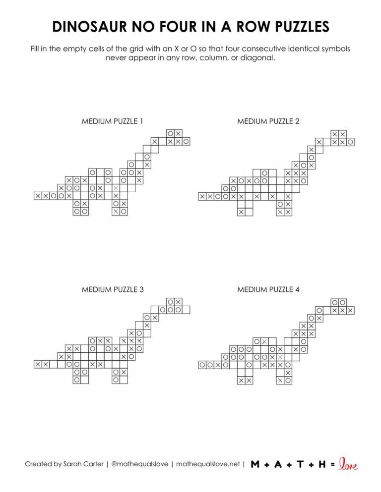 Dinosaur No Four in a Row Puzzles | Math = Love