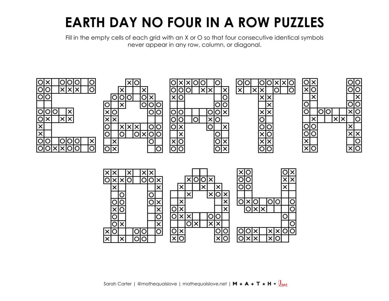 Earth Day No Four in a Row Puzzles | Math = Love
