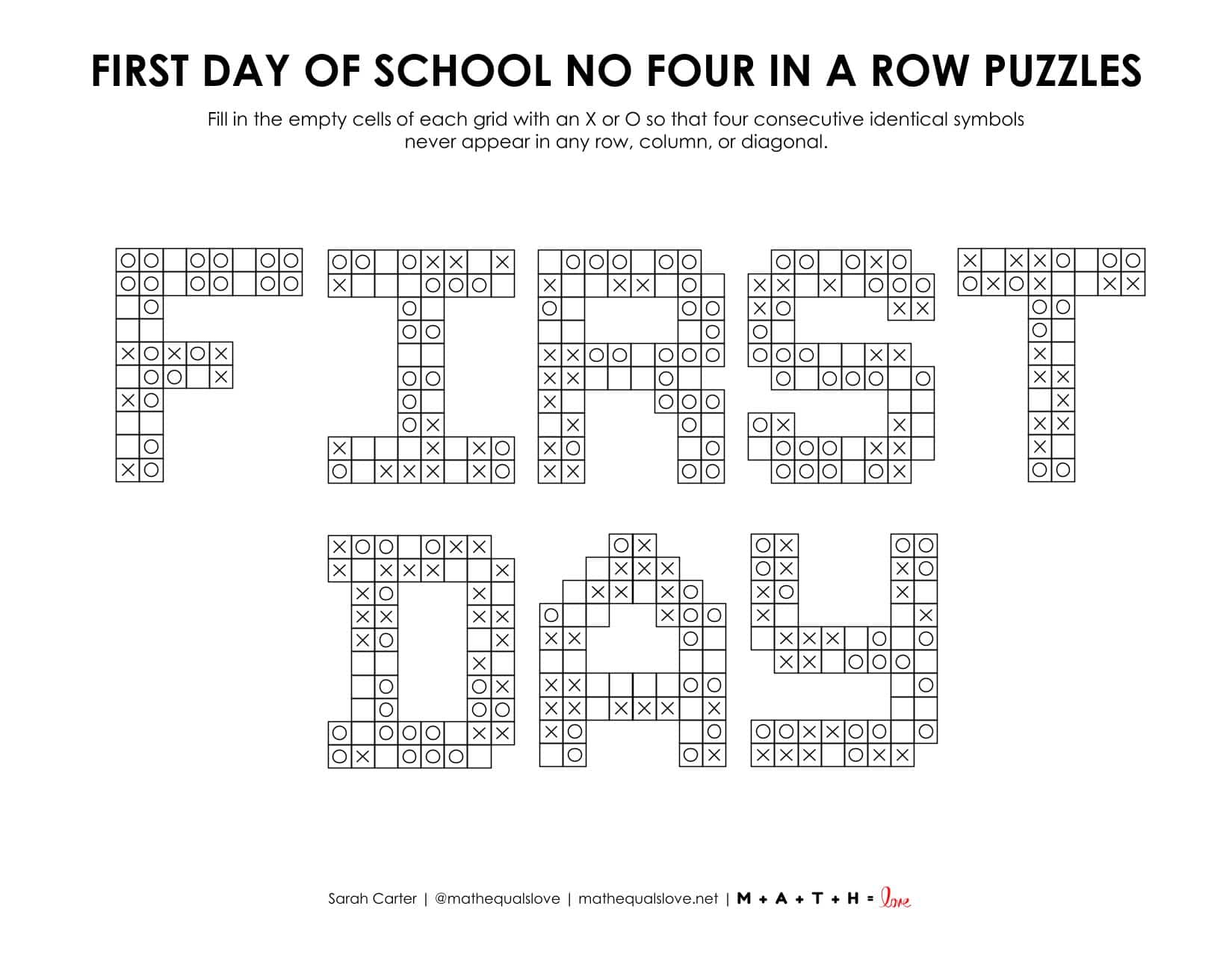 First Day of School No Four in a Row Logic Puzzles (Free PDF)
