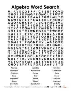 Algebra Word Search Puzzle | Math = Love