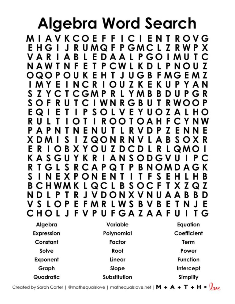 Algebra Word Search Puzzle | Math = Love