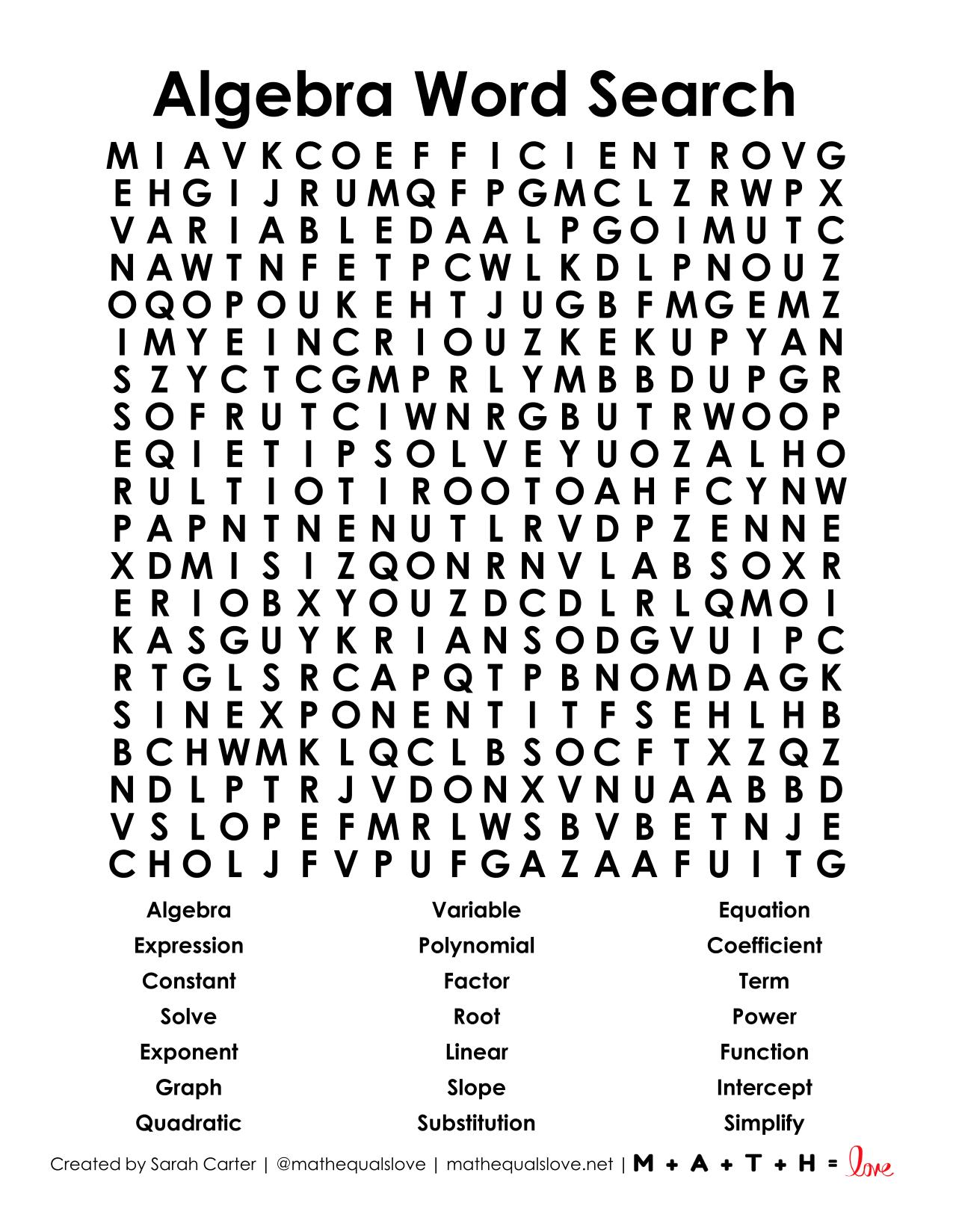 Algebra Word Search Puzzle | Math = Love