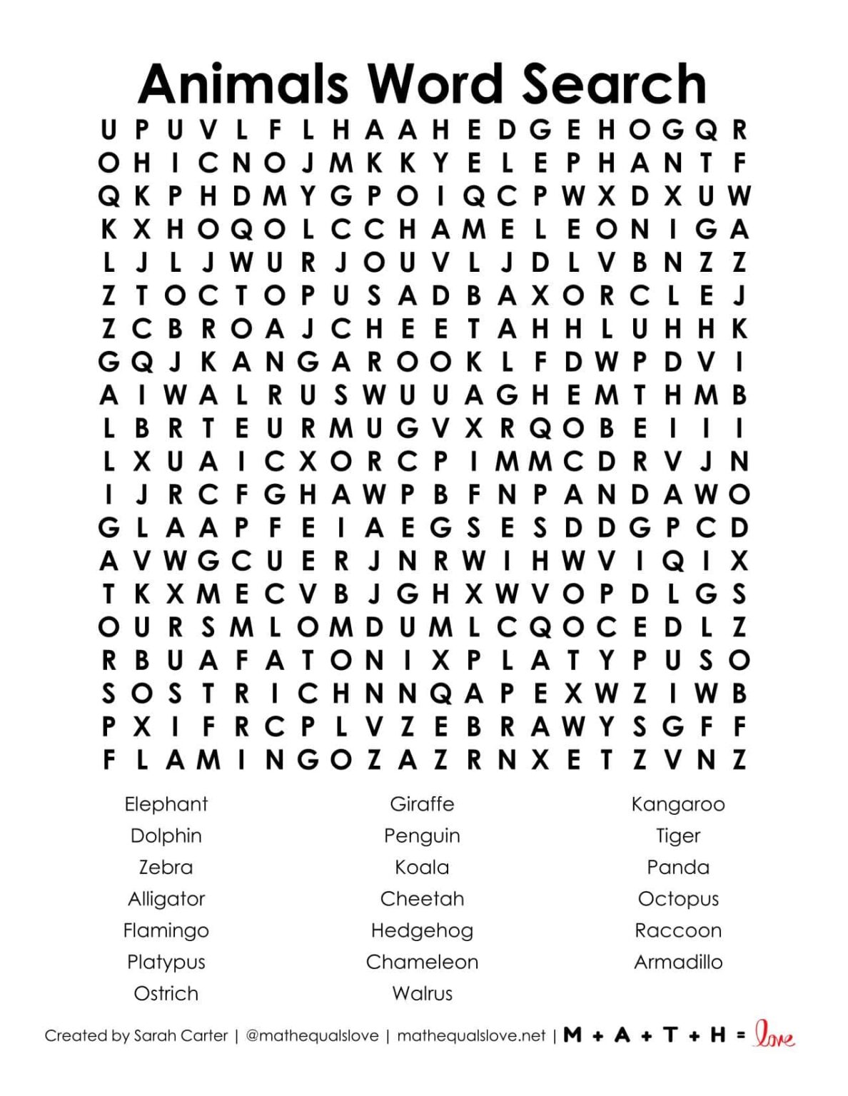 Animals Word Search Puzzle | Math = Love