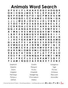 Animals Word Search Puzzle | Math = Love