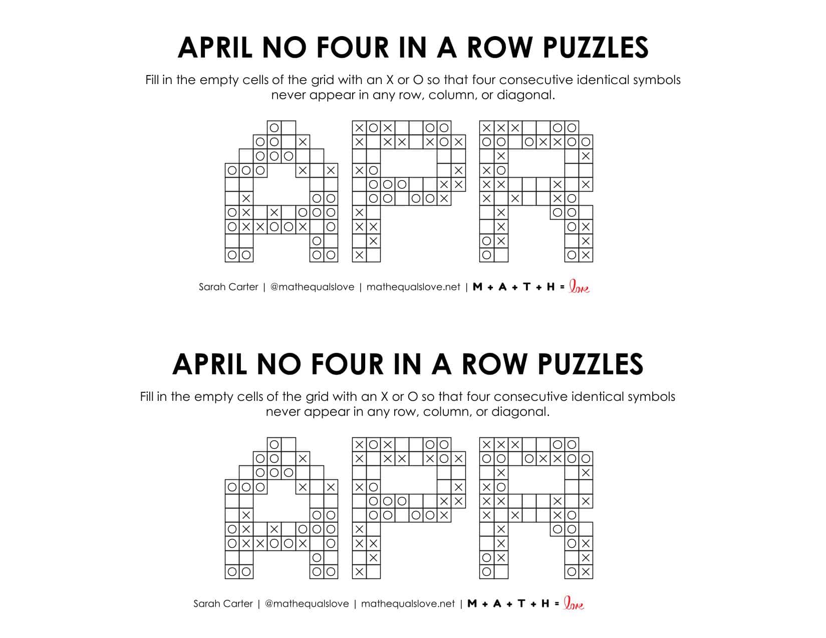 April No Four in a Row Puzzles | Math = Love