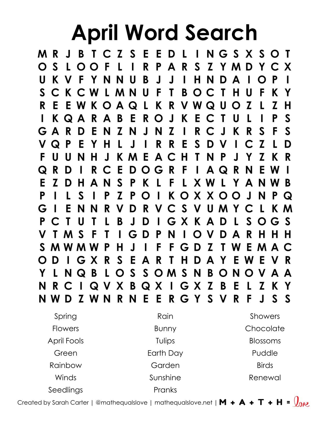 April Word Search Puzzle | Math = Love