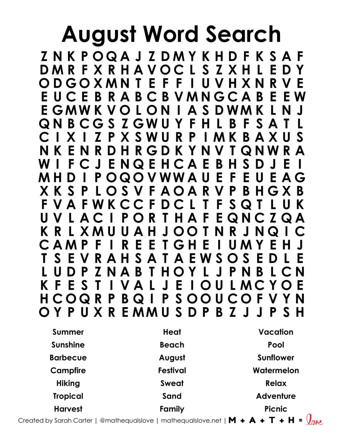 August Word Search Puzzle | Math = Love