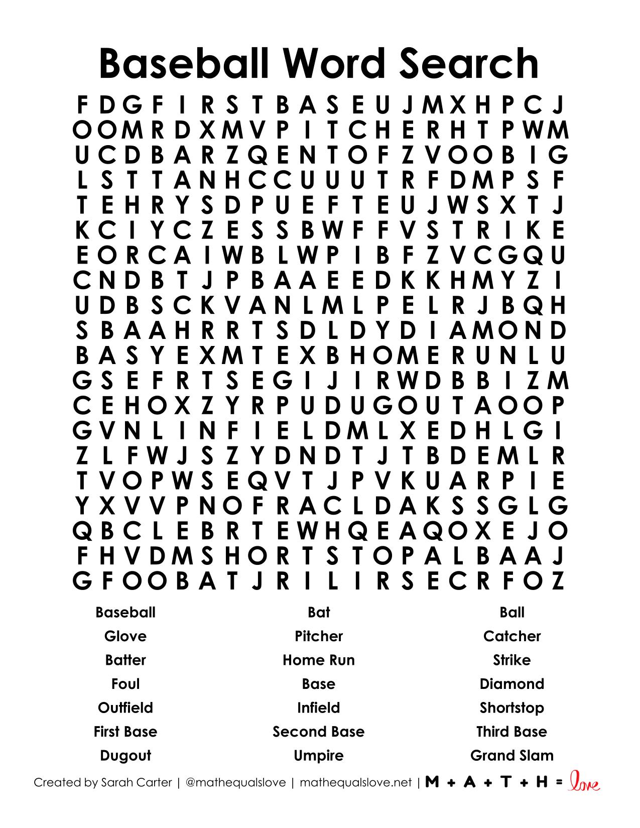 Baseball Word Search Puzzle (Free Printable PDF)