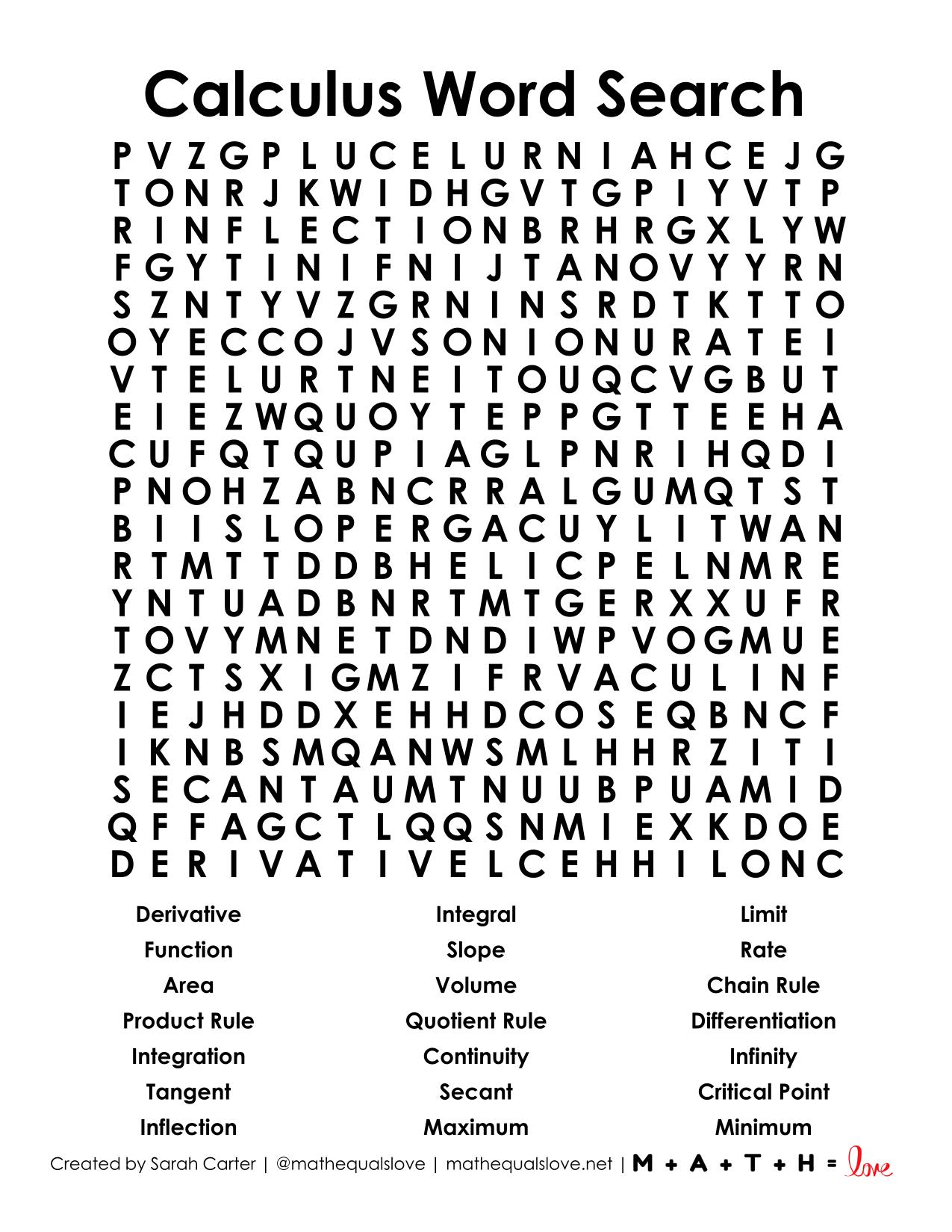 Calculus Word Search Puzzle | Math = Love
