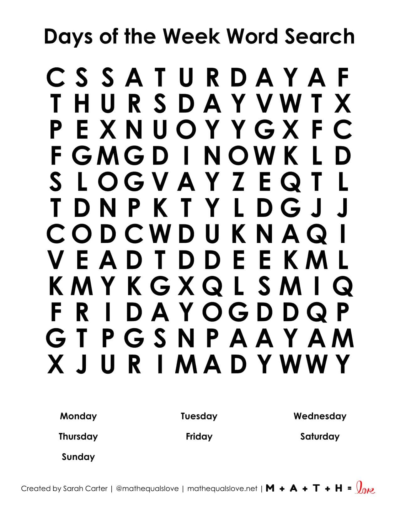 Days of the Week Word Search (Free PDF)