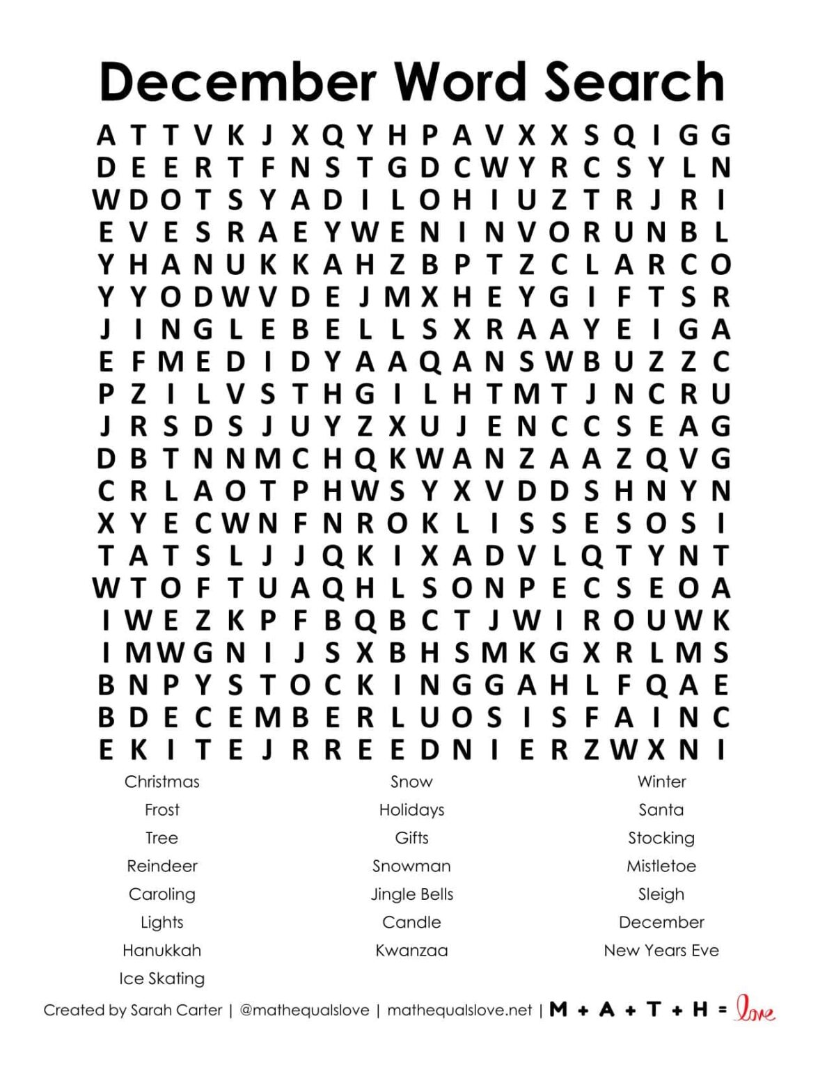 December Word Search Puzzle | Math = Love