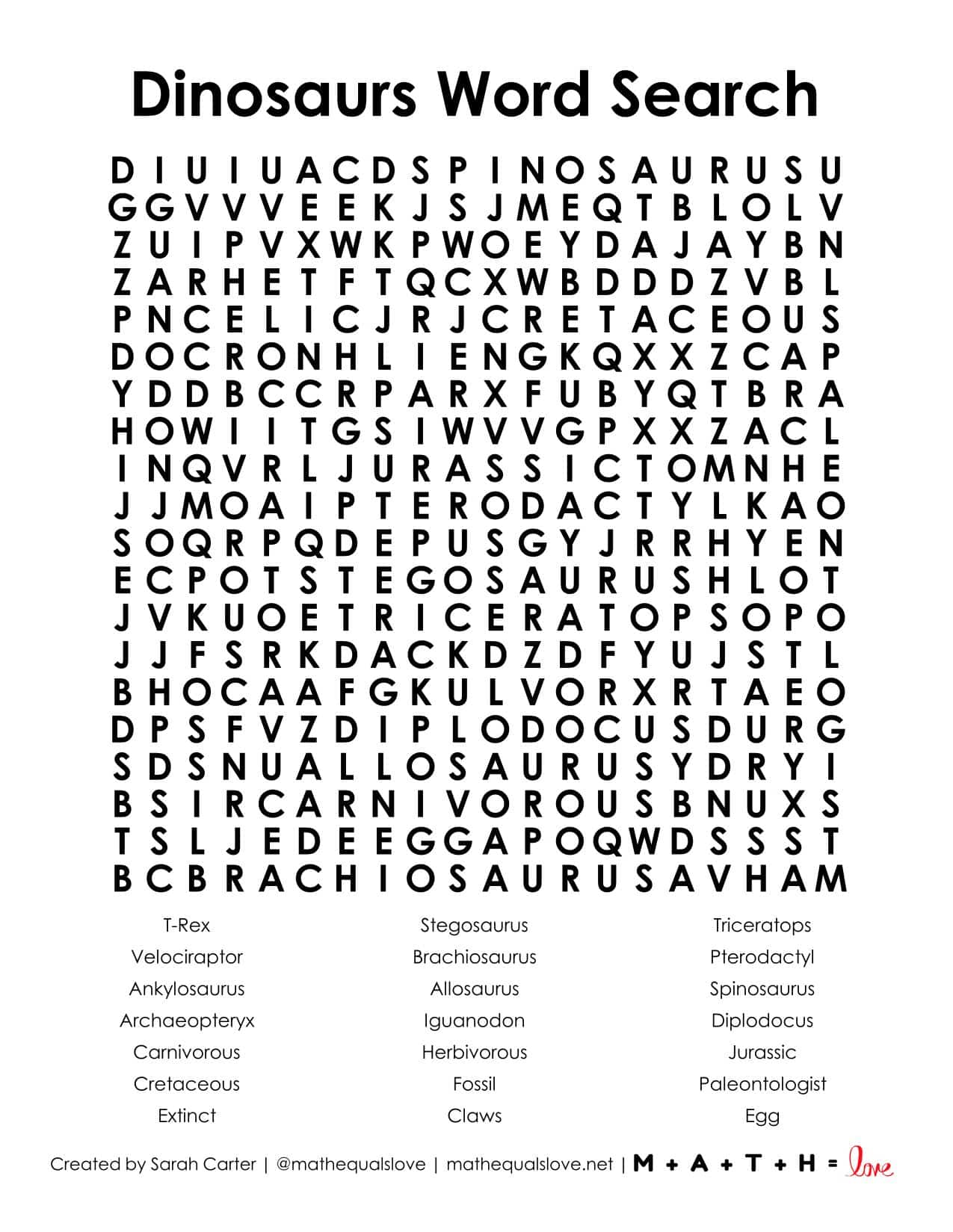 Dinosaurs Word Search Puzzle | Math = Love