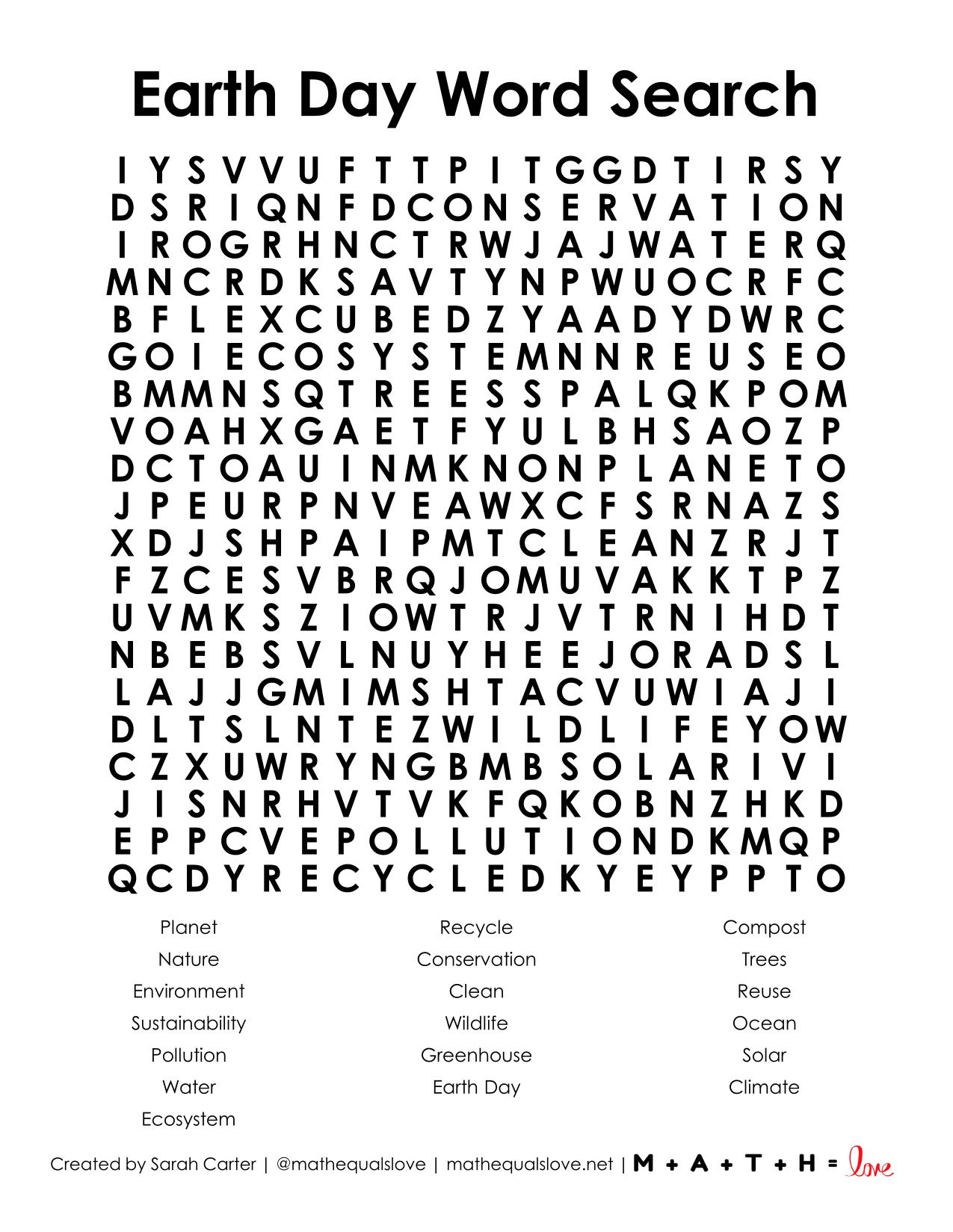 Earth Day Word Search Puzzle | Math = Love