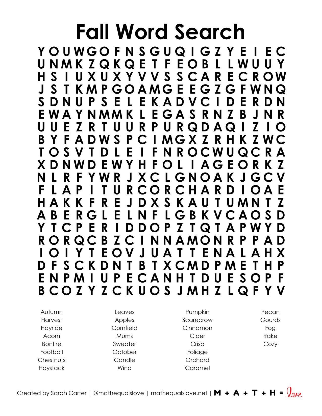 Fall Word Search Puzzle | Math = Love