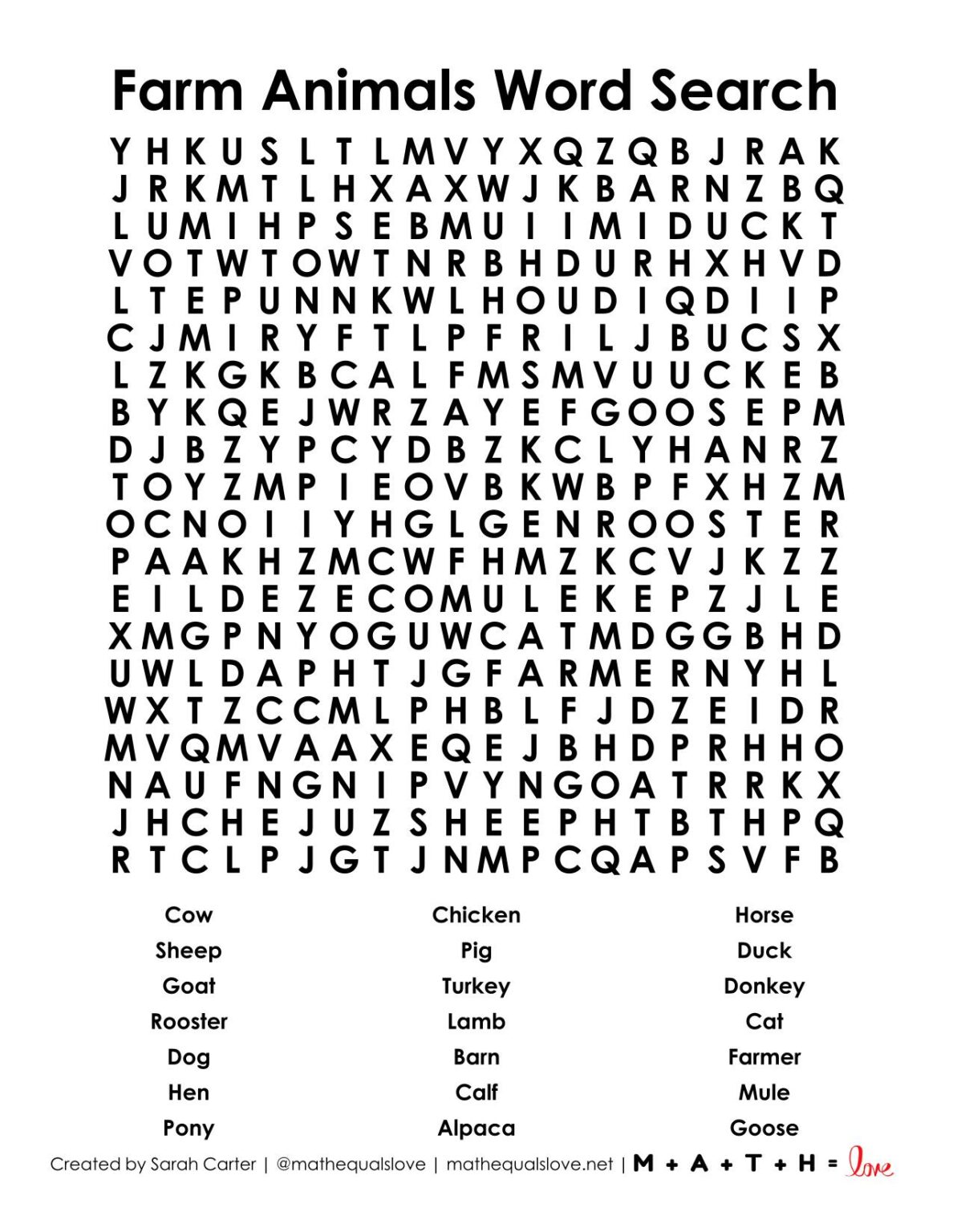 Farm Animals Word Search Puzzle | Math = Love