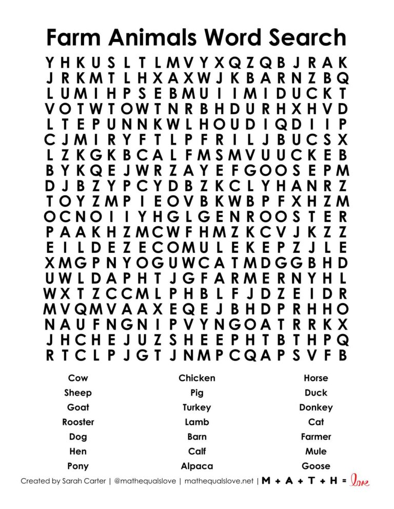 Farm Animals Word Search Puzzle | Math = Love