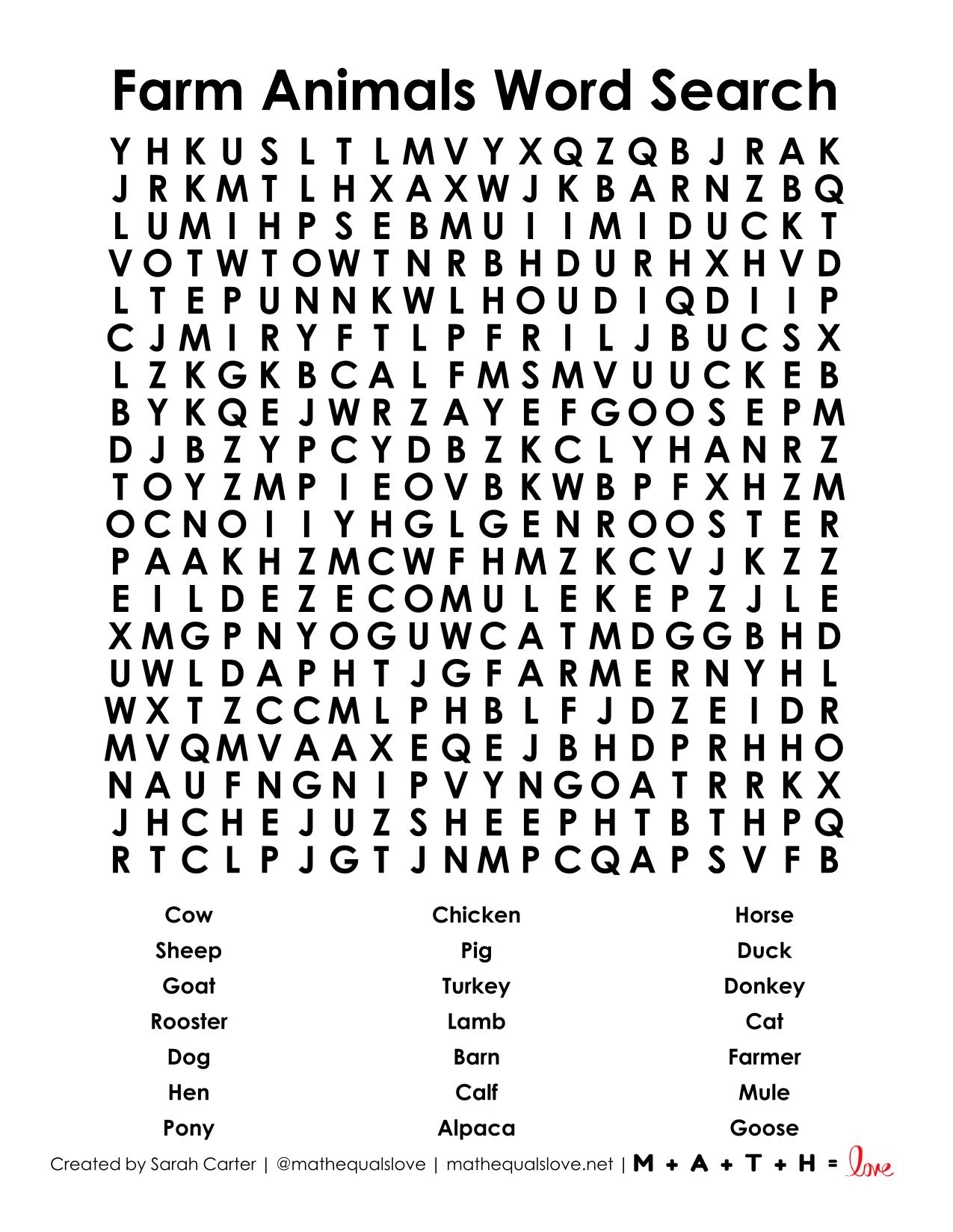 Farm Animals Word Search Puzzle | Math = Love