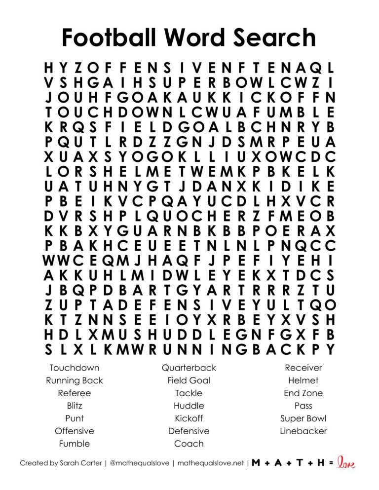 Football Word Search Puzzle | Math = Love