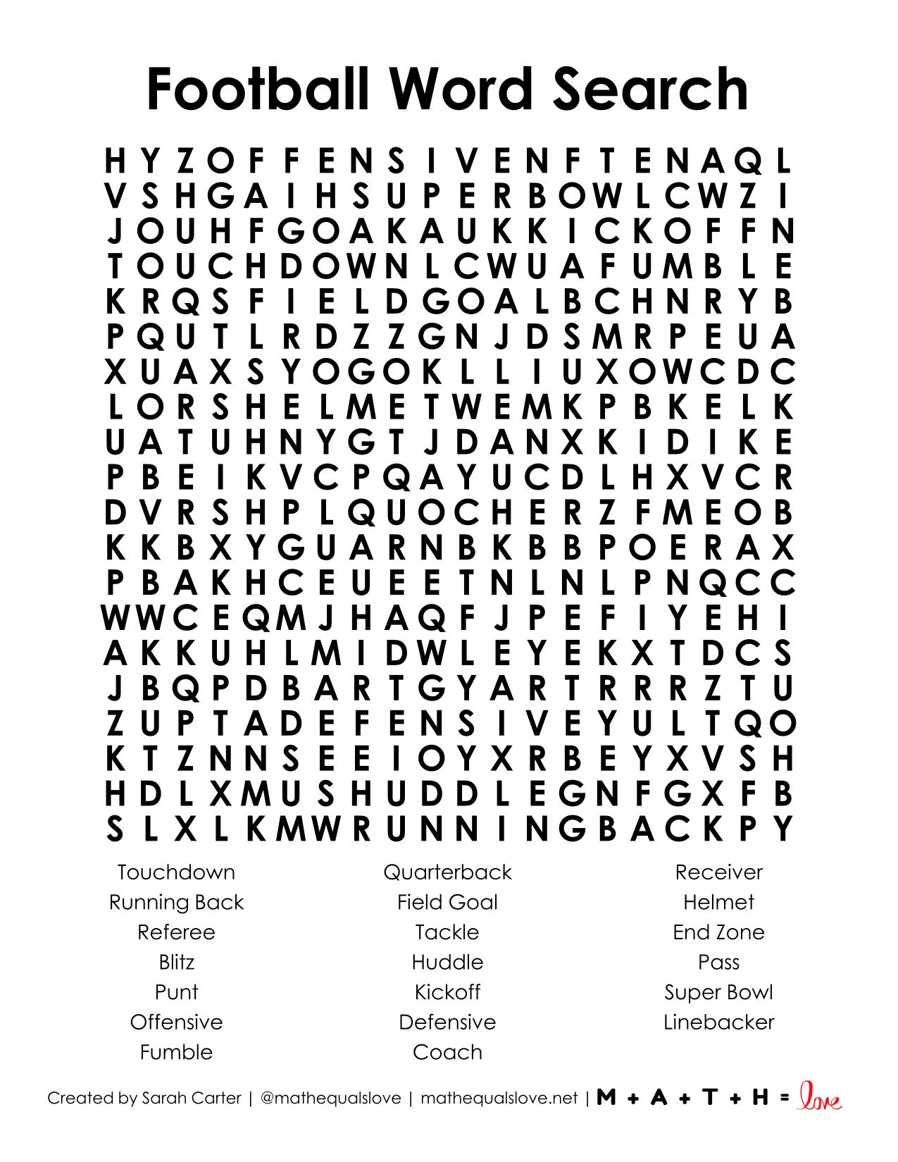 Football Word Search Puzzle | Math = Love