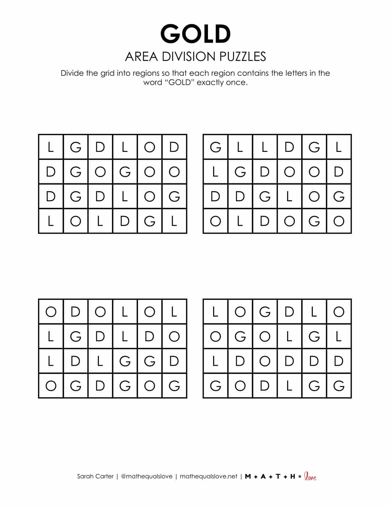 Gold Area Division Logic Puzzles | Math = Love