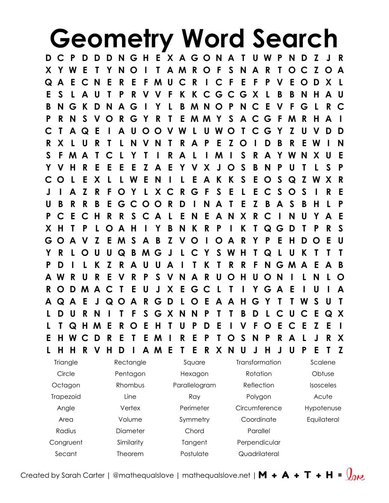 Geometry Word Search Puzzle | Math = Love