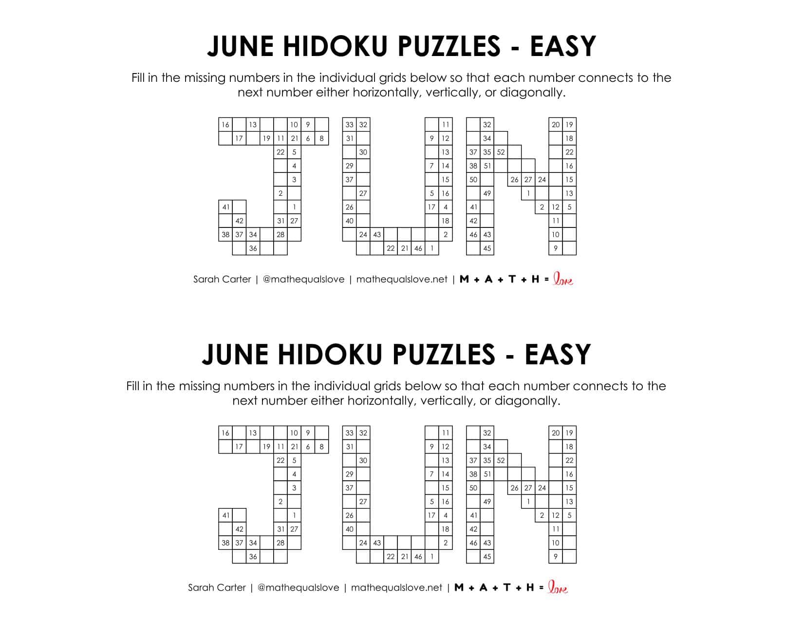 June Hidoku Puzzles | Math = Love