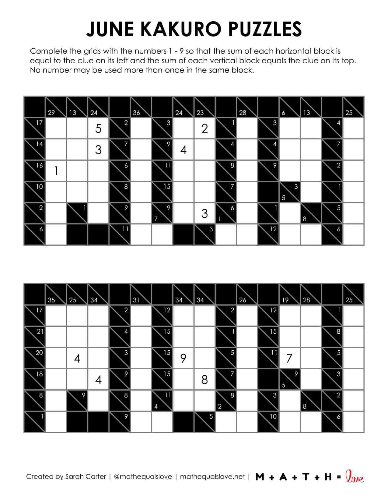 June Kakuro Puzzles | Math = Love