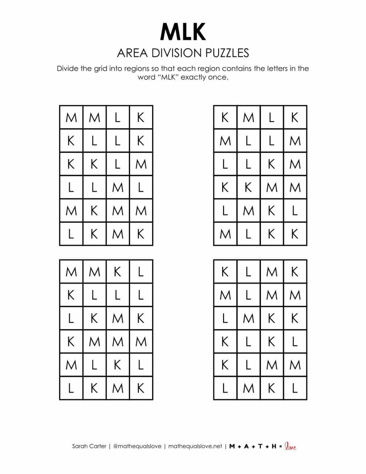 MLK Area Division Puzzles | Math = Love