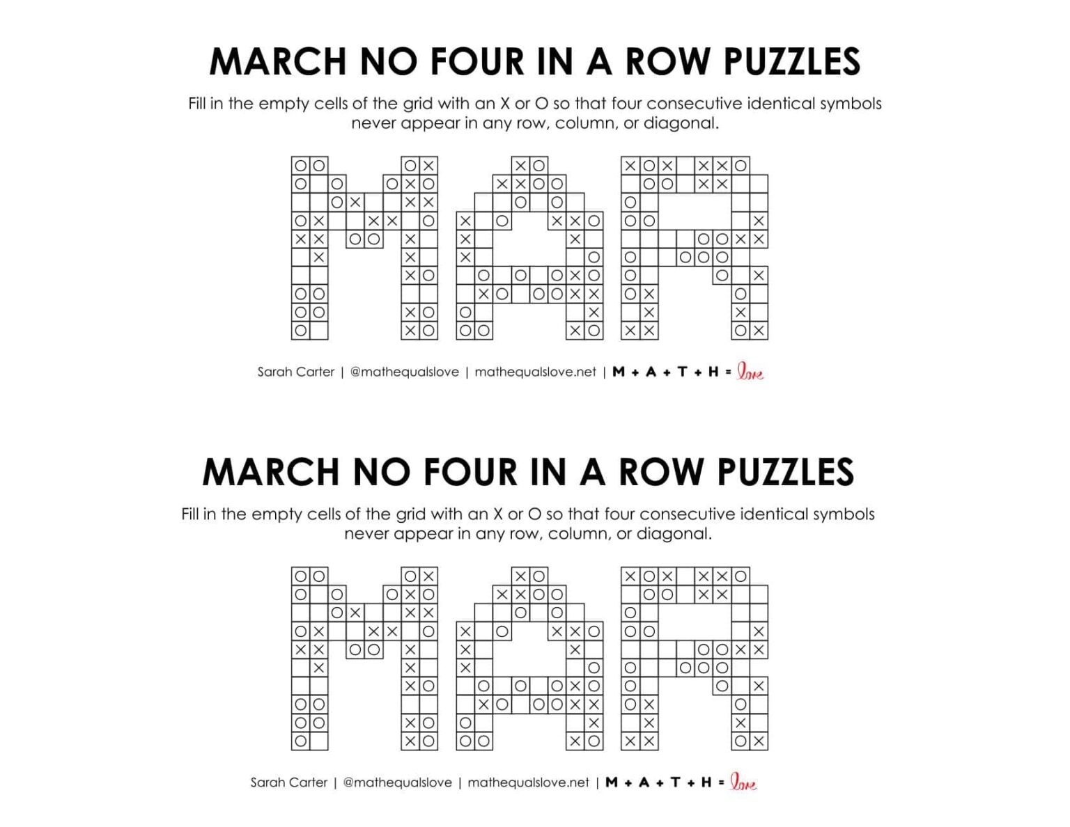 March No Four in a Row Puzzles | Math = Love