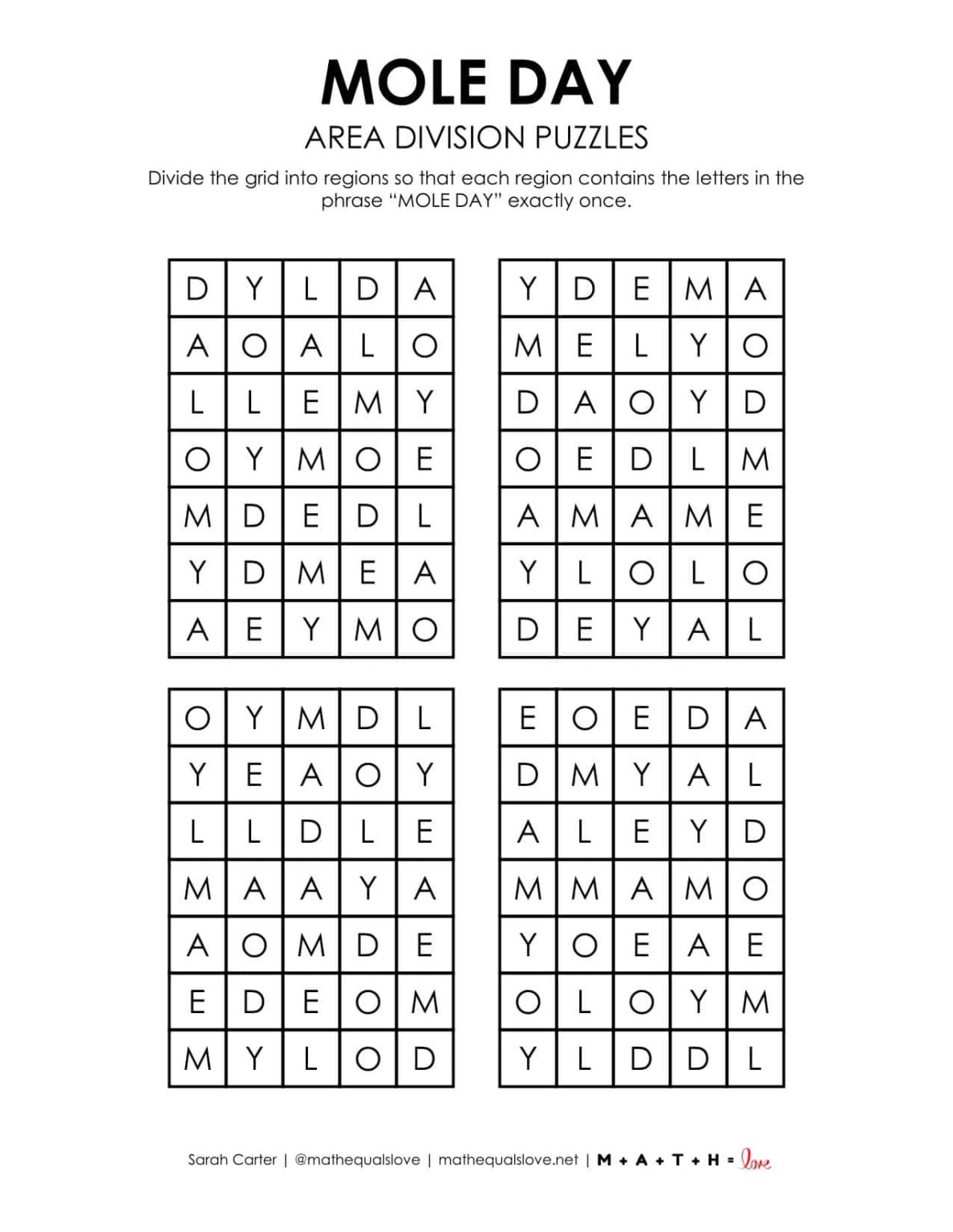 Mole Day Area Division Logic Puzzles | Math = Love