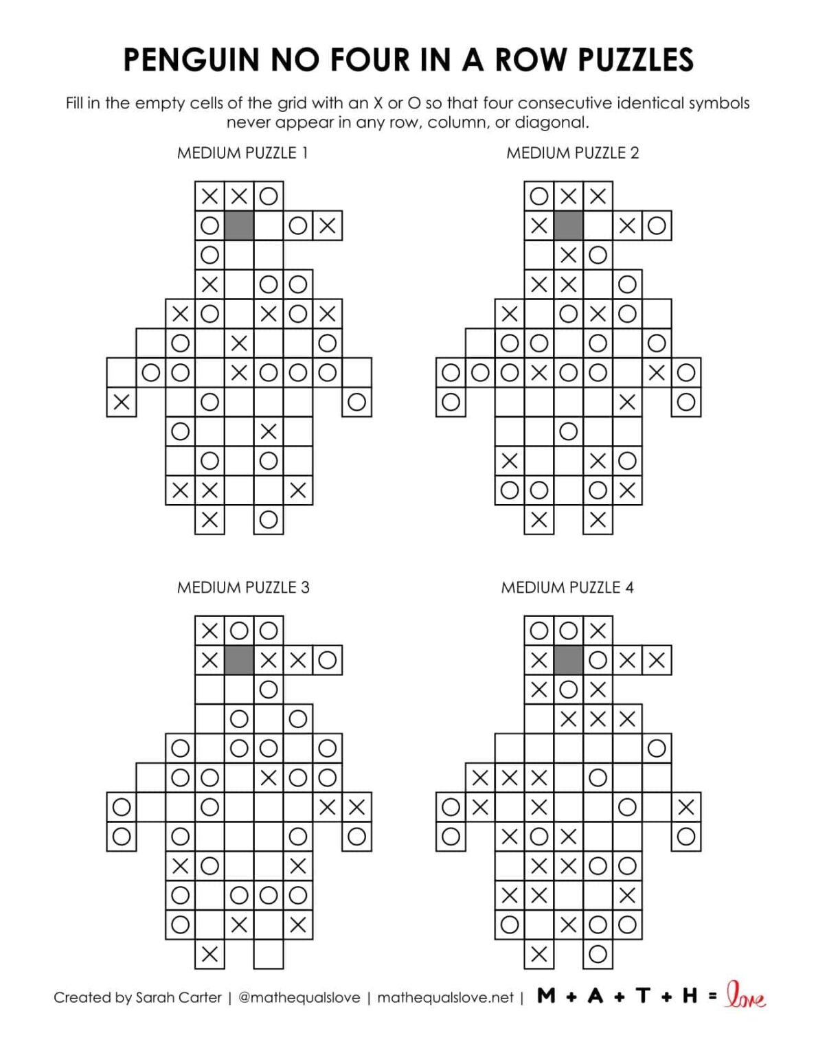 Penguin No Four in a Row Puzzles | Math = Love