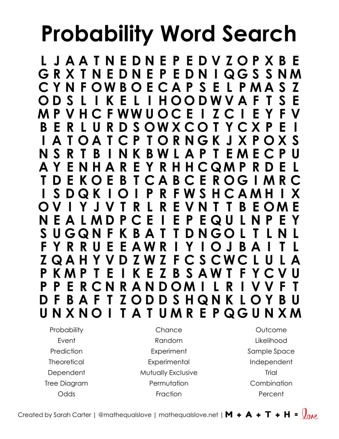 Probability Word Search Puzzle | Math = Love