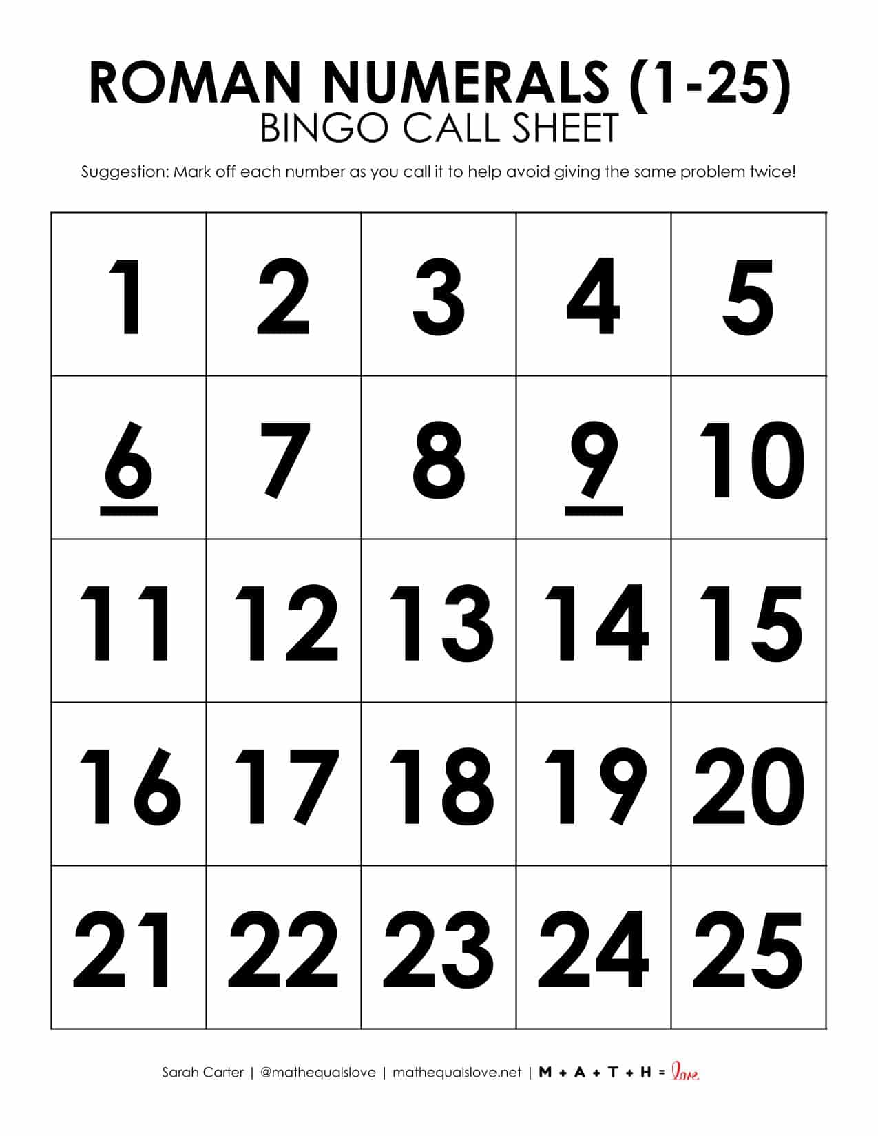 Roman Numerals Bingo Game (1-25) | Math = Love
