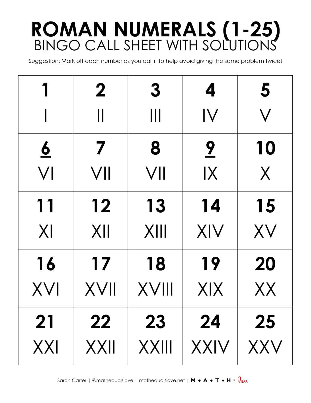 Roman Numerals Bingo Game (1-25) | Math = Love