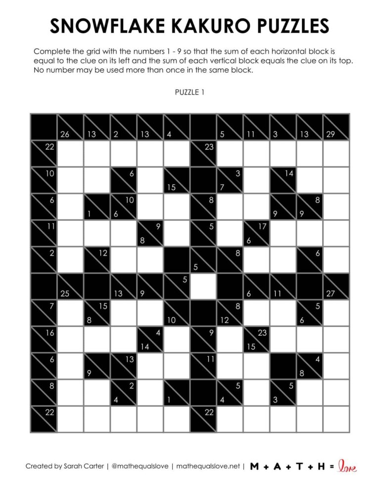 Snowflake Kakuro Puzzles | Math = Love
