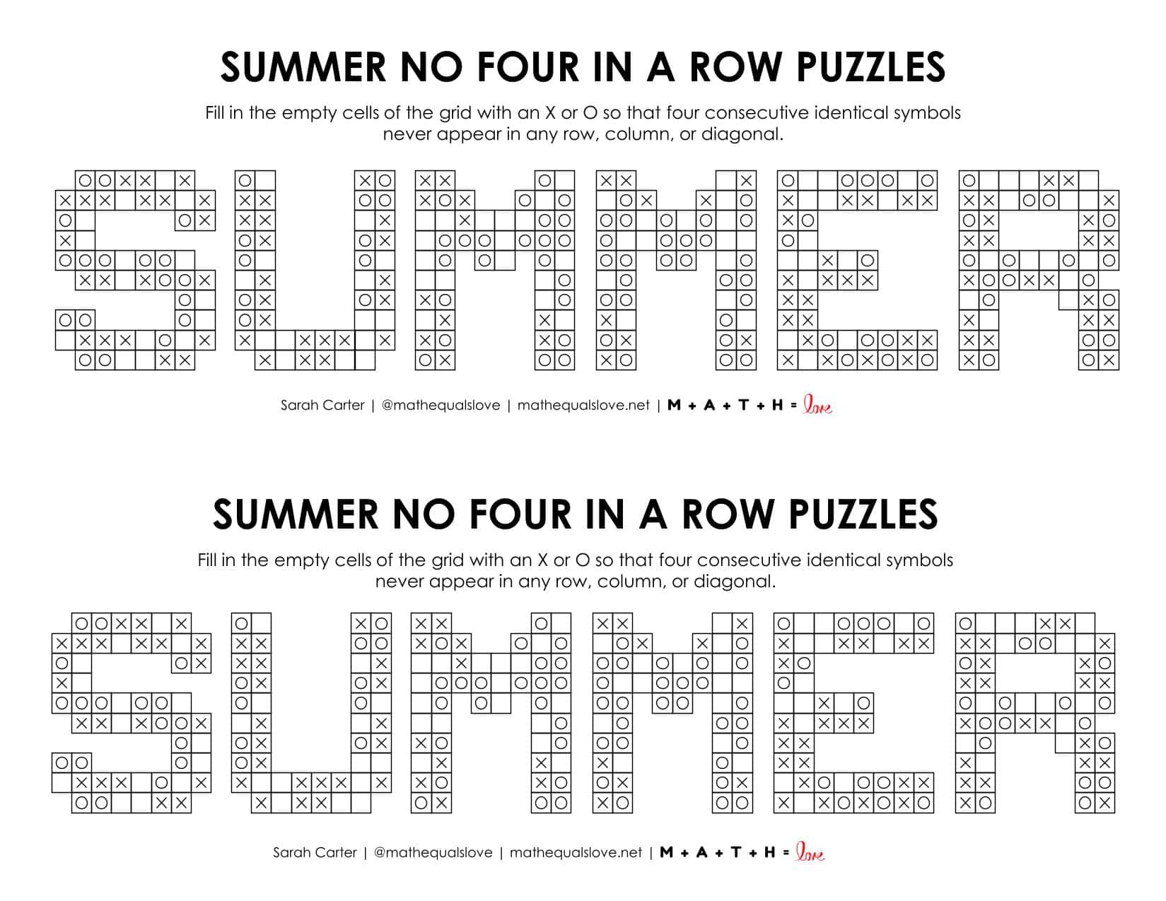 Summer No Four in a Row Puzzles | Math = Love