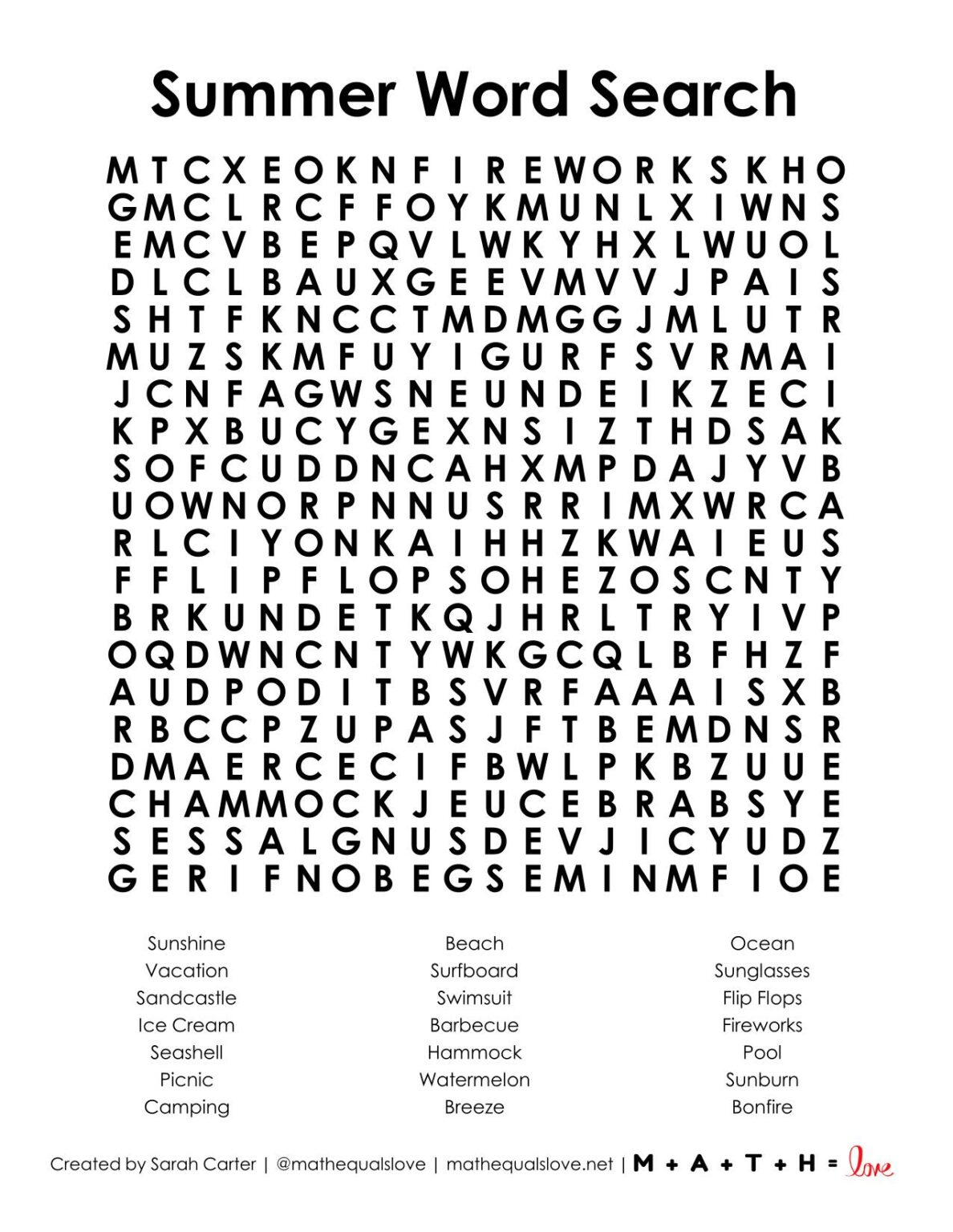 Summer Word Search Puzzle | Math = Love