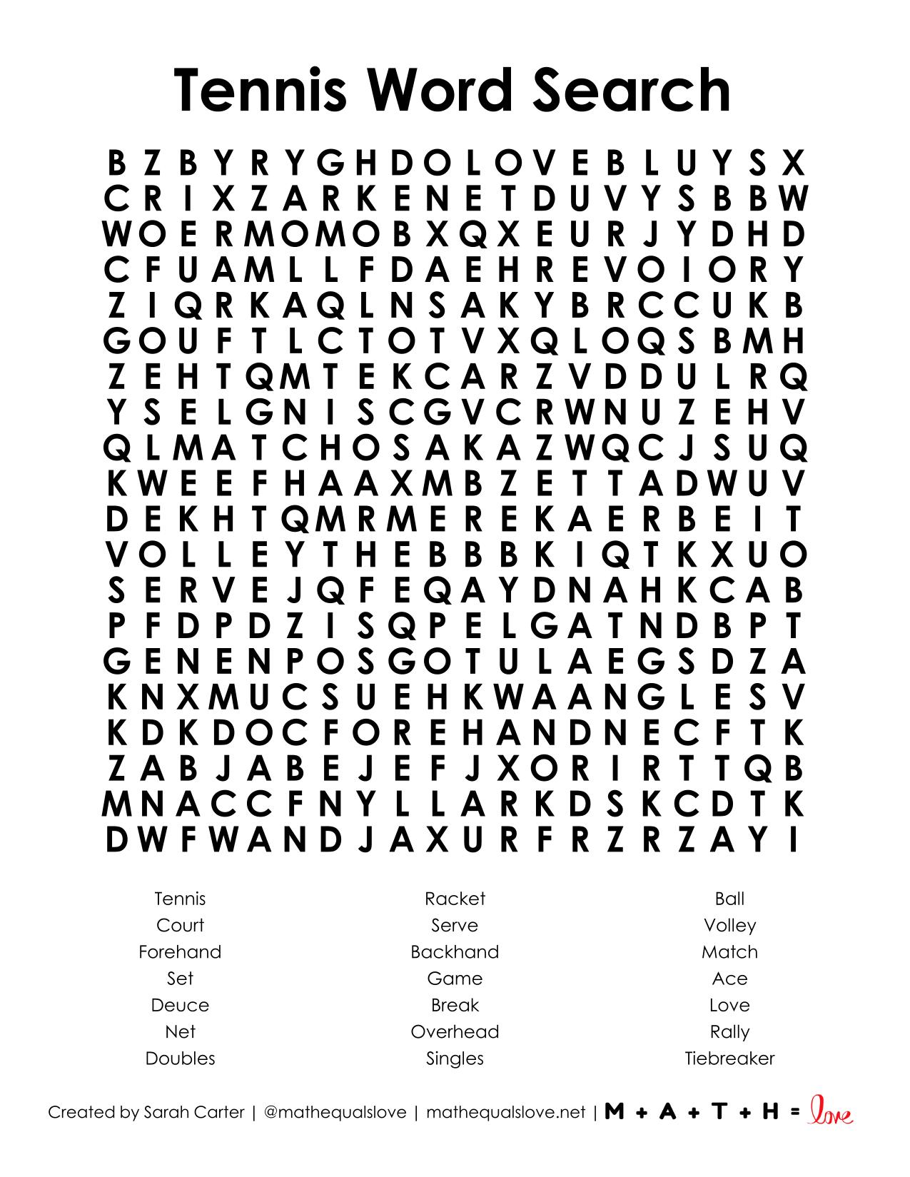 Tennis Word Search Puzzle | Math = Love