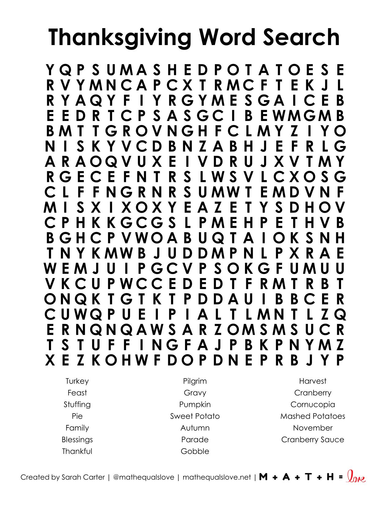 Thanksgiving Word Search Puzzle | Math = Love