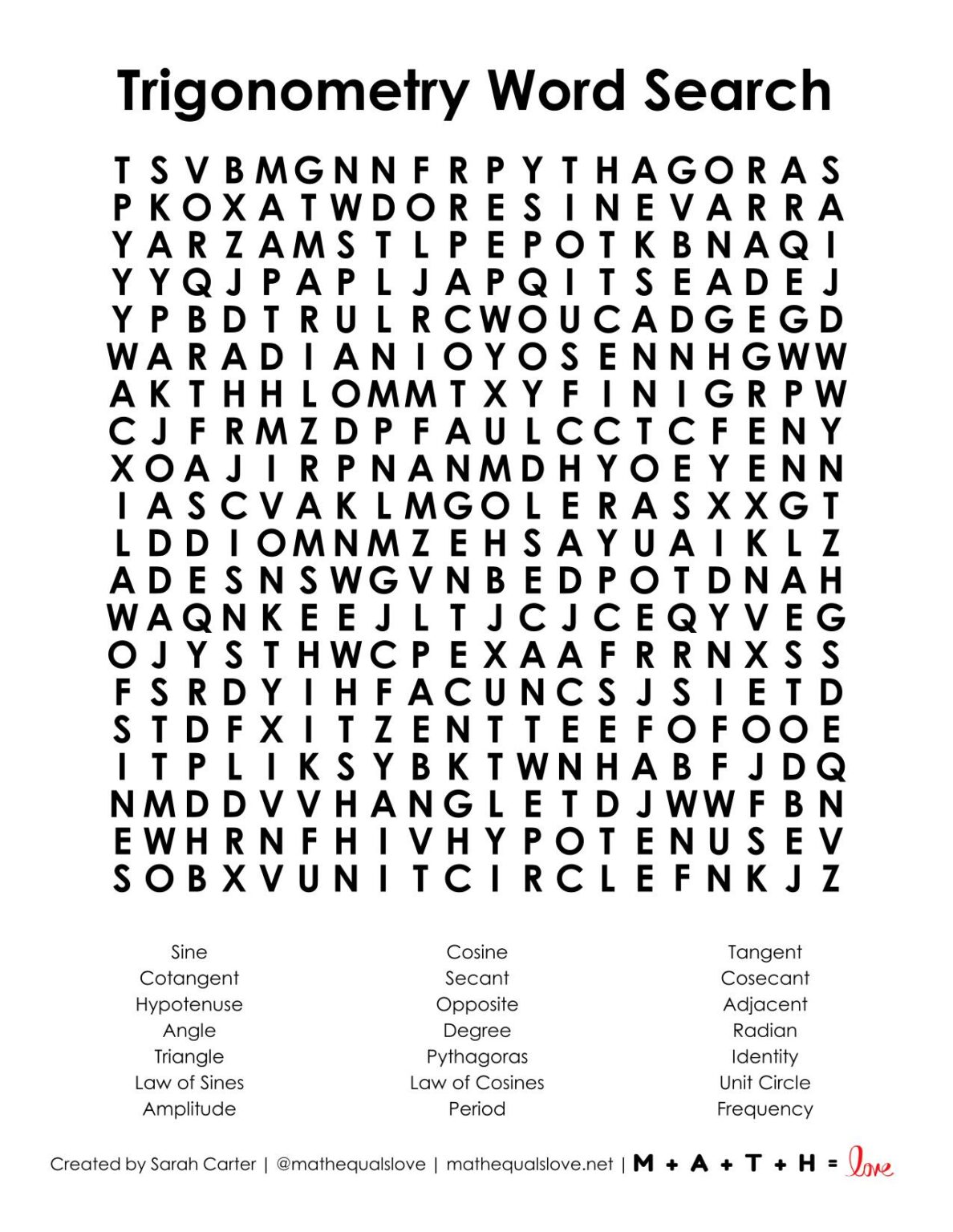 Trigonometry Word Search Puzzle | Math = Love