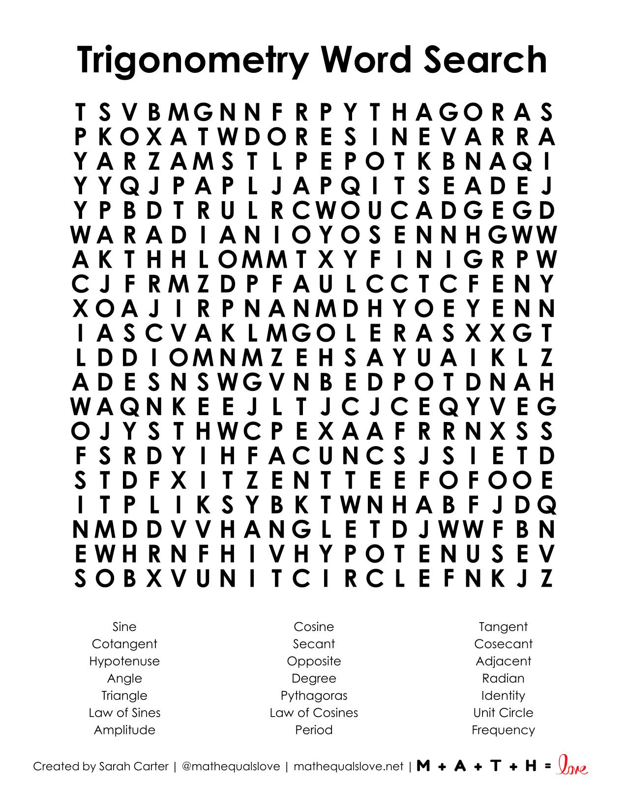 Trigonometry Word Search Puzzle | Math = Love