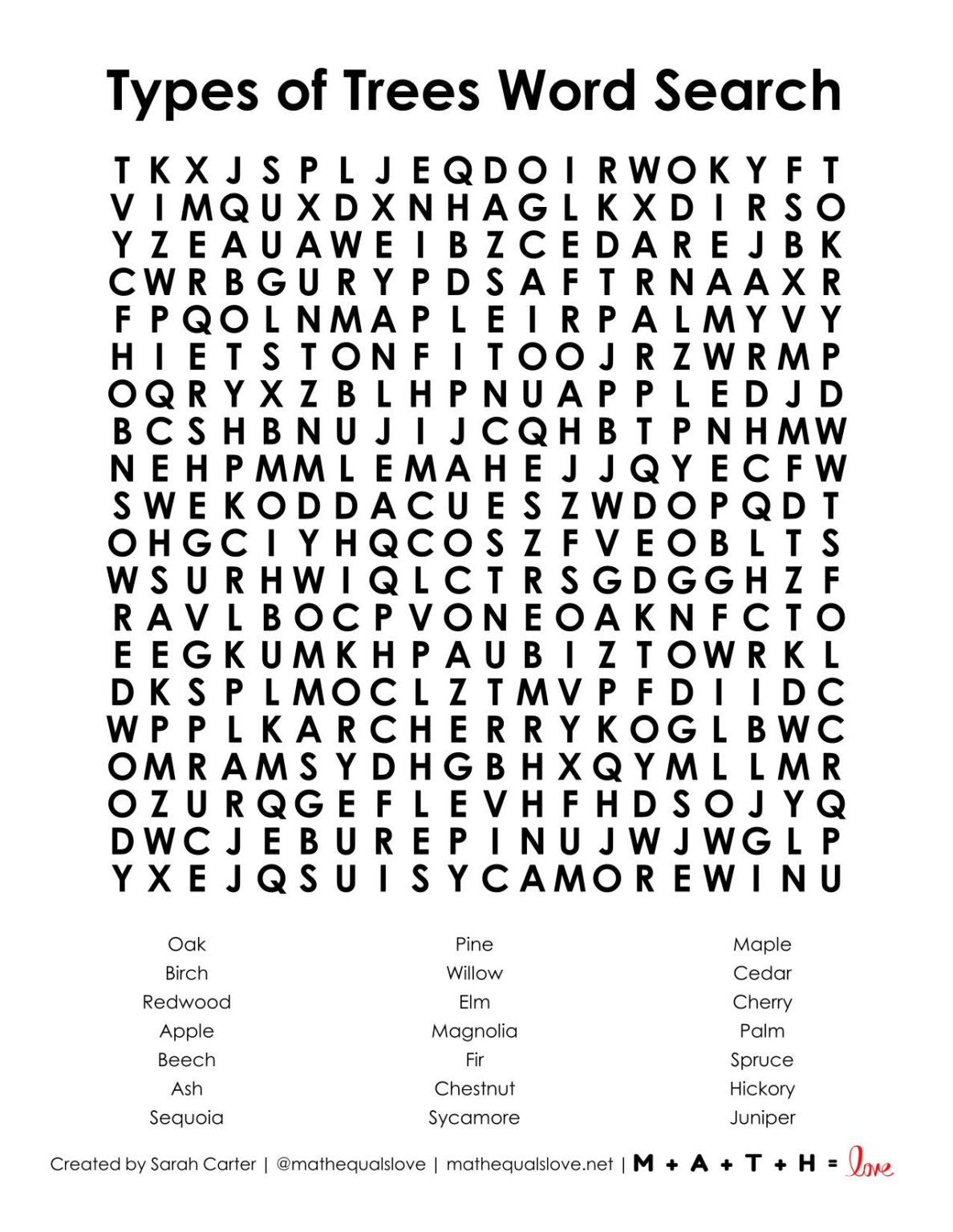 Types of Trees Word Search Puzzle | Math = Love